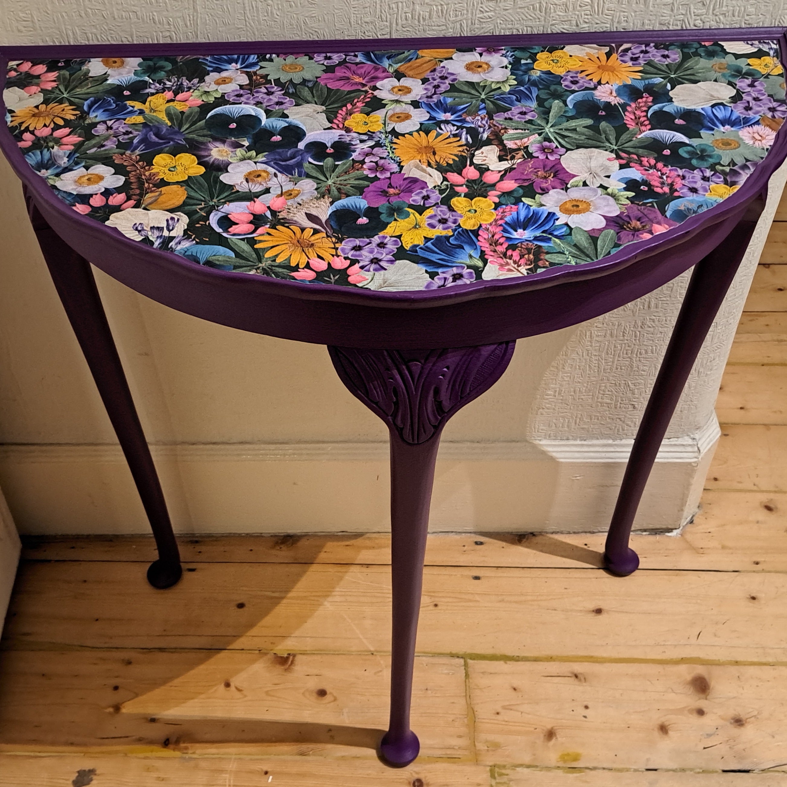 Purple Floral Upcycled Half Moon Table – Raspberry Leaf Interiors