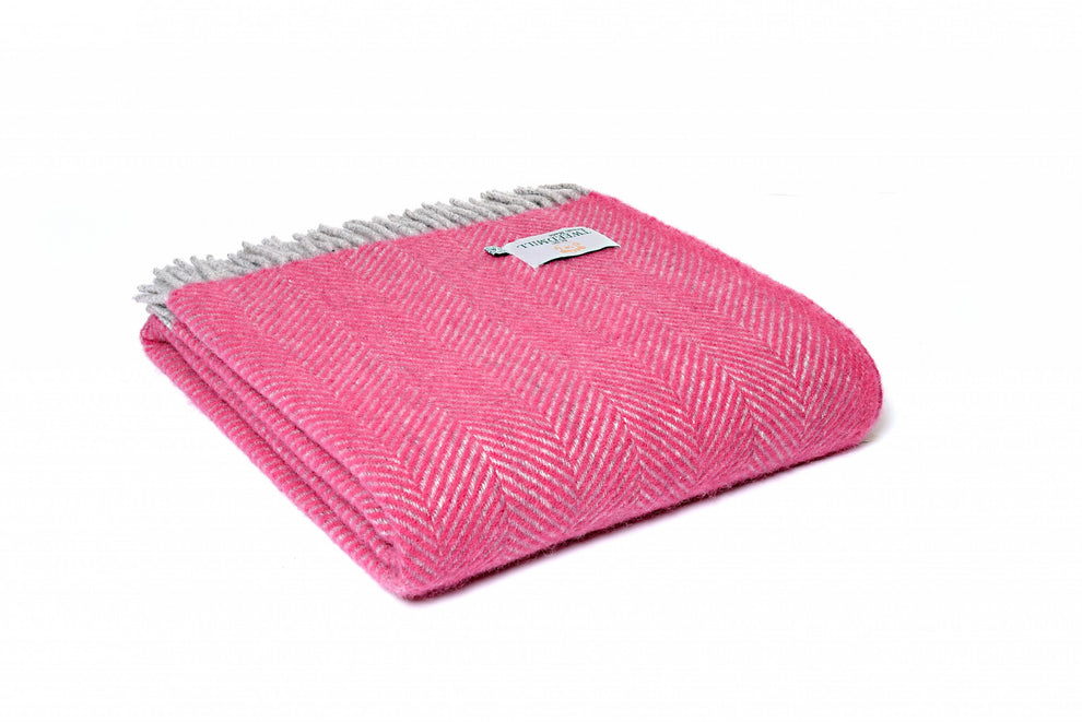 Tweedmill Lifestyle Pink and Silver Herringbone 100% Wool Throw ...